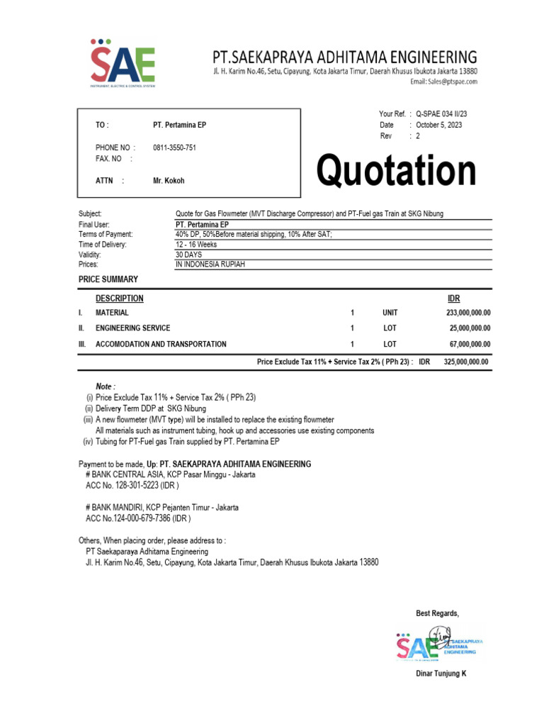 034R2 - Quote For Gas Flowmeter (MVT Discharge Compressor at SKG Nibung) and PT Panel - PT ...