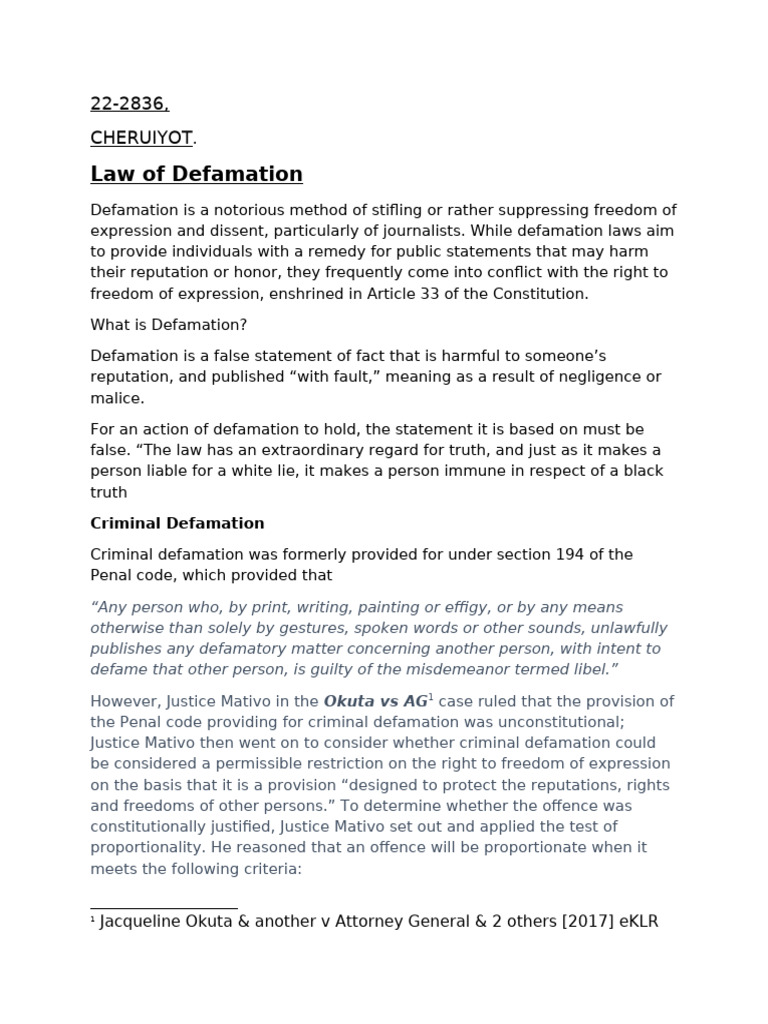 Law of Defamation-Cheruiyot | PDF | Defamation | Justice