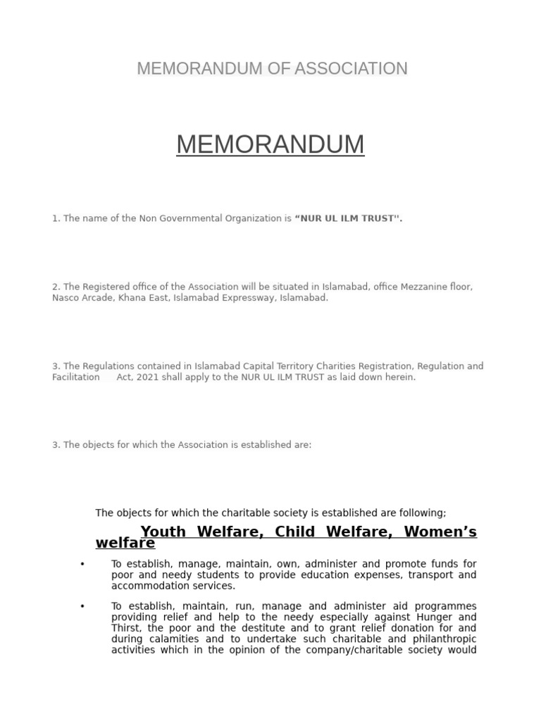 Nur Ul Ilm - Memorandum of Association-Final | PDF | Welfare ...