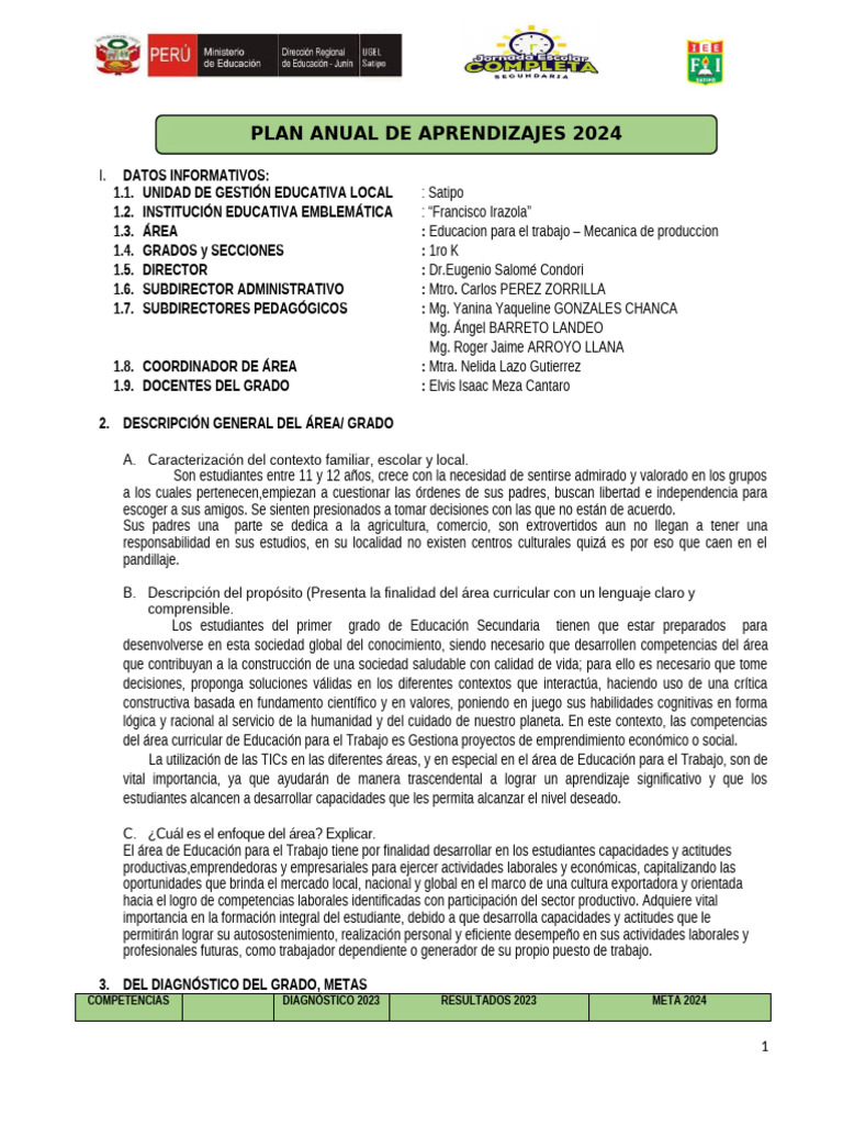 PLAN ANUAL 2024-EPT 1ro K | PDF | Aprendizaje | Evaluación