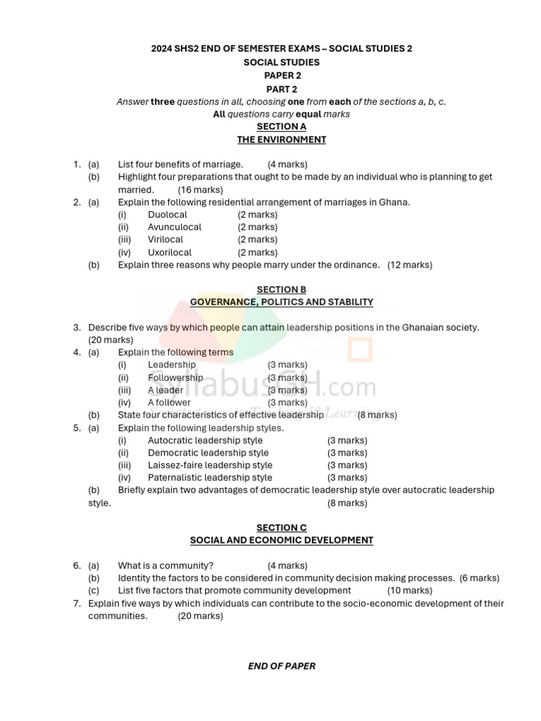 2024 SHS2 End of Semester - Social Studies 2 | PDF | Leadership ...
