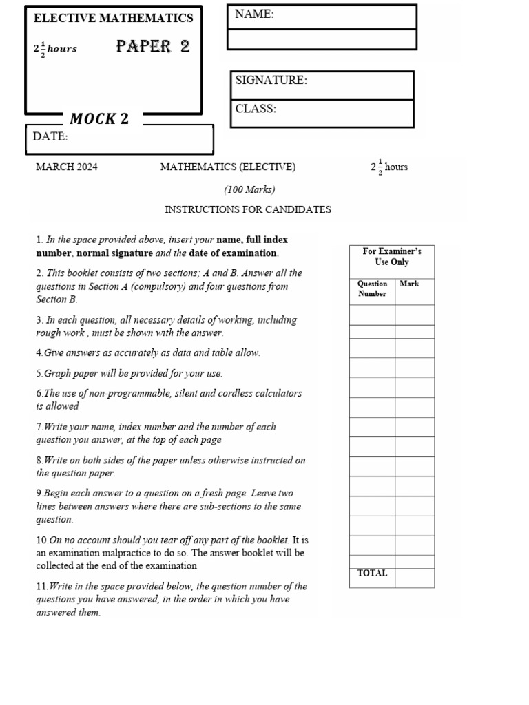 Elective Mathematics Exam Instructions | PDF | Probability Distribution ...