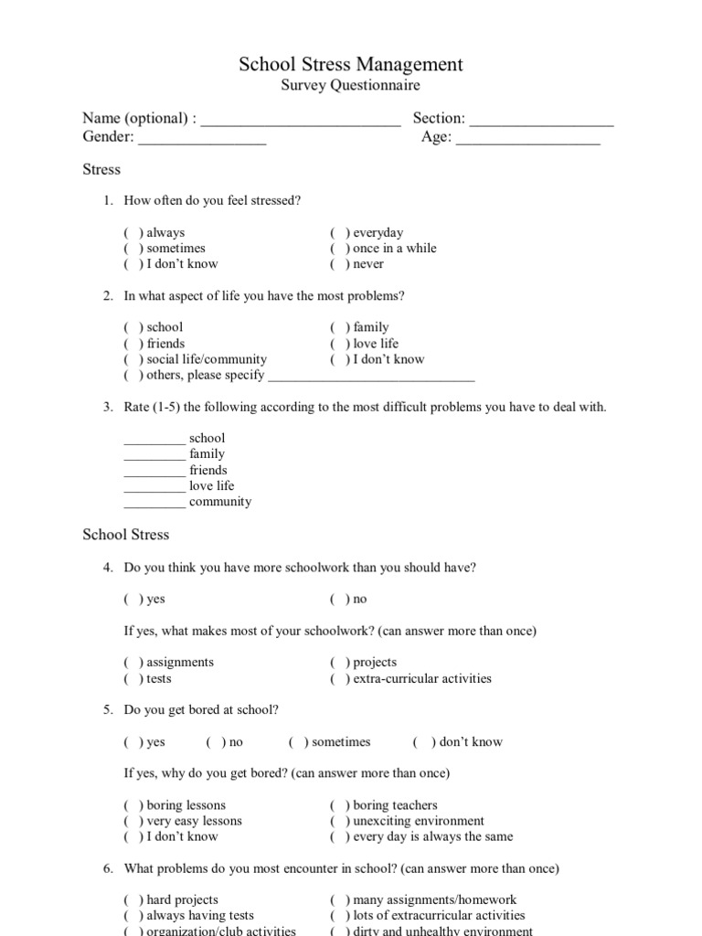 Student Stress Management Questionnaire | PDF | Homework | Learning