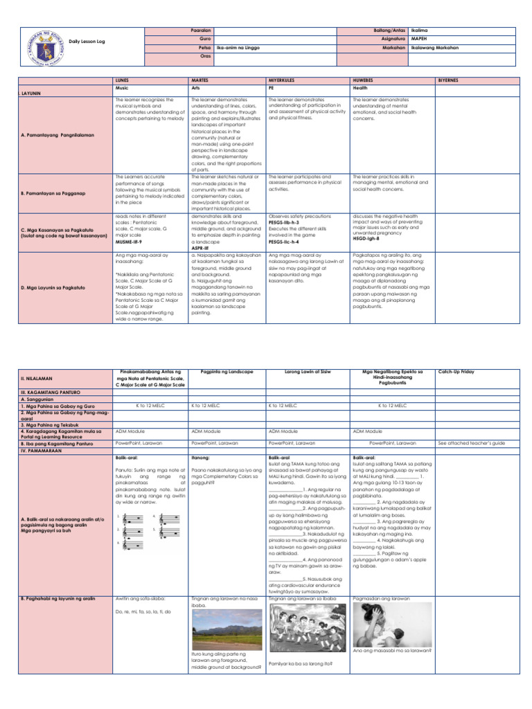 DLL Mapeh 5 W6-Q2 | PDF