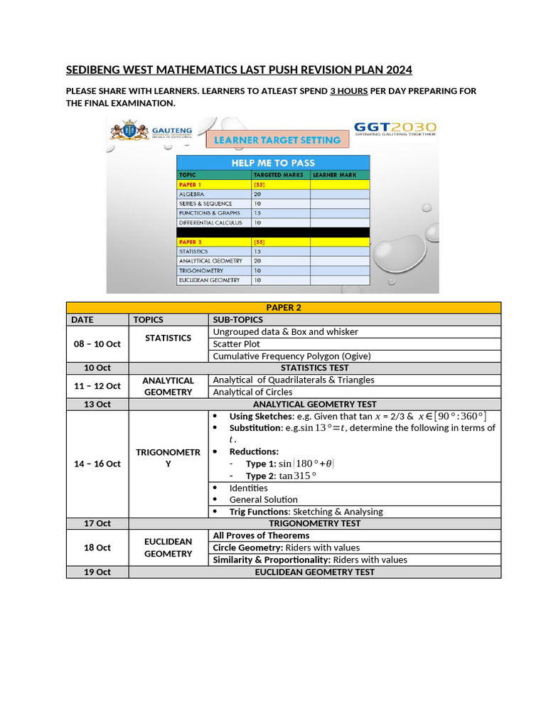Maths Final Push NSC Exam Revision Plan | PDF | Geometry | Function ...
