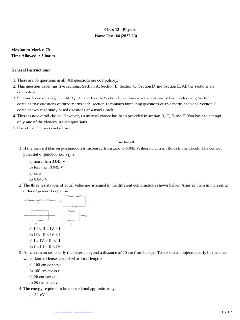Class 12 Phy Home Test 4 | PDF | Electromagnetic Radiation | Electron