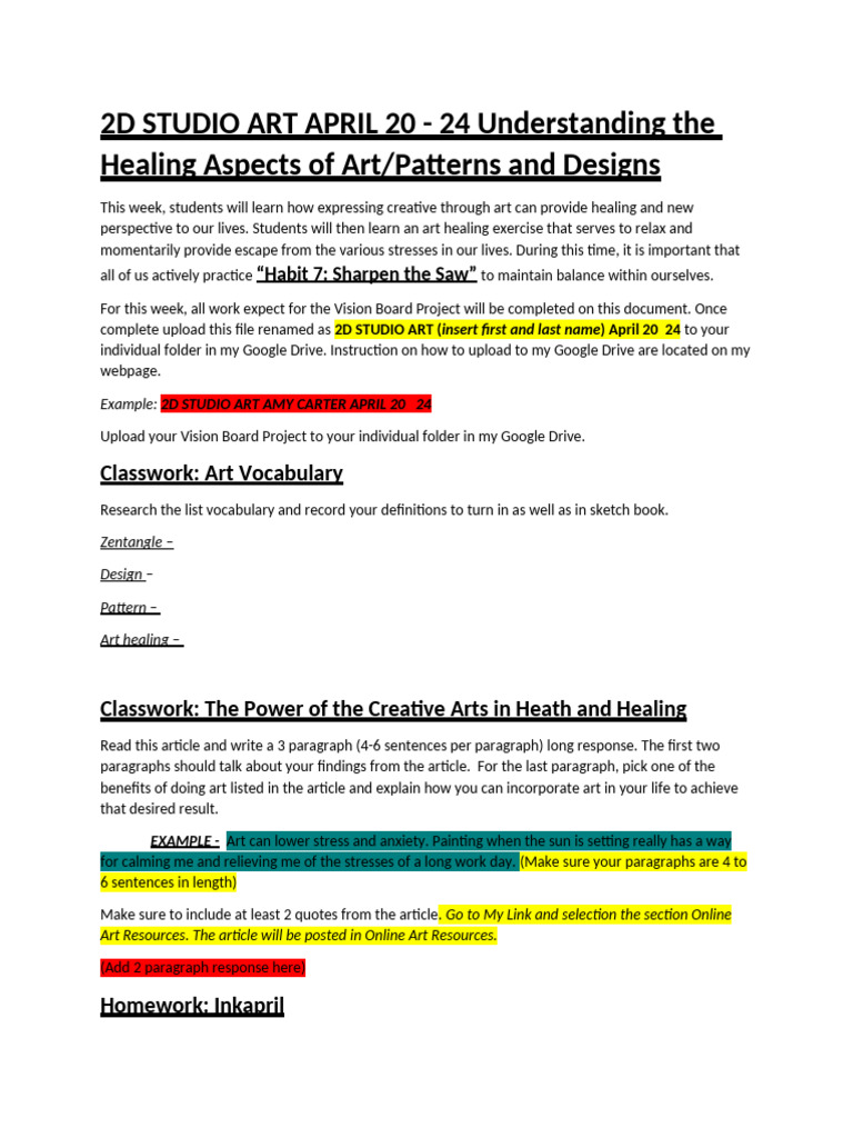 2D Studio Art Assignments April 20 - 24 | PDF