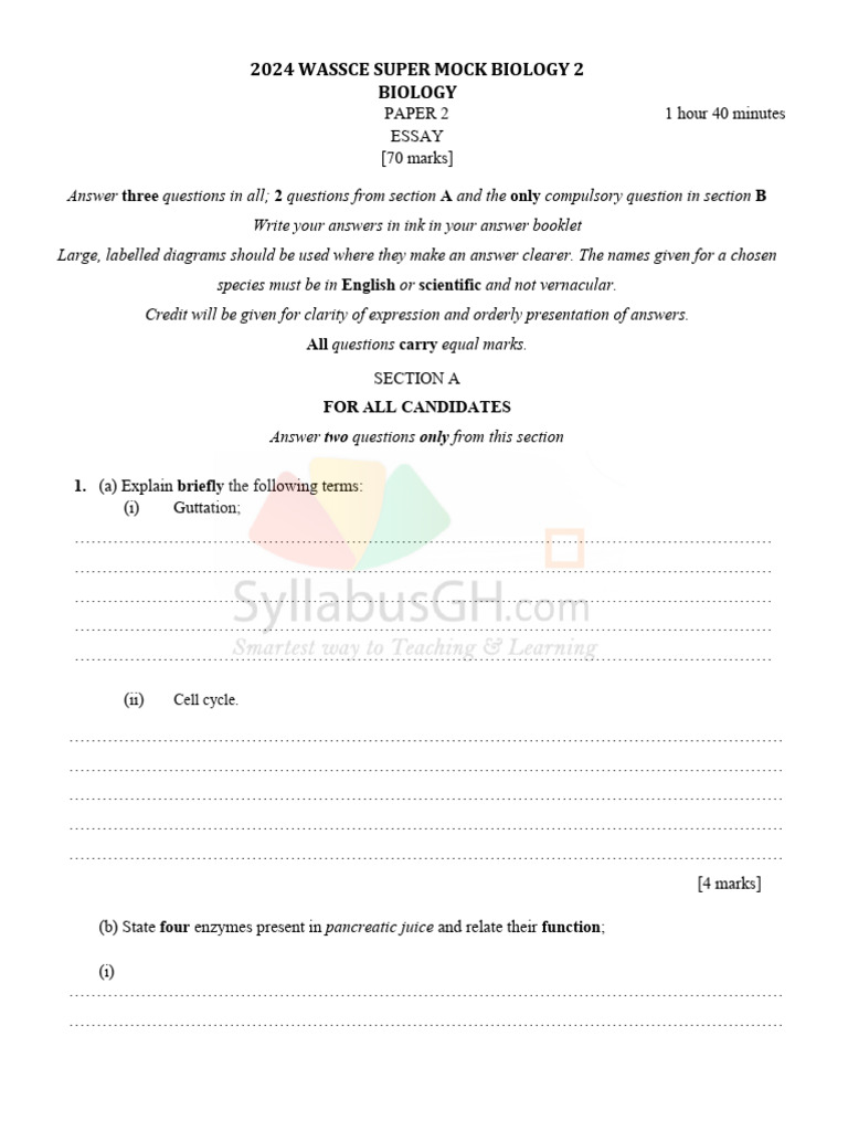 2024 WASSCE Biology Mock Exam Paper 2 | PDF | Biology | Molecular Biology