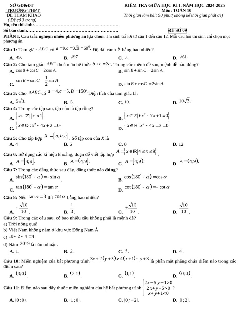 TOÁN ĐỀ 9 GK1 | PDF