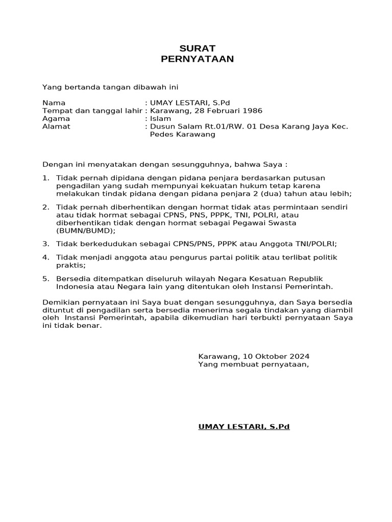 FORMAT-SURAT-PERNYATAAN-5-POIN Umay | PDF | Hukum