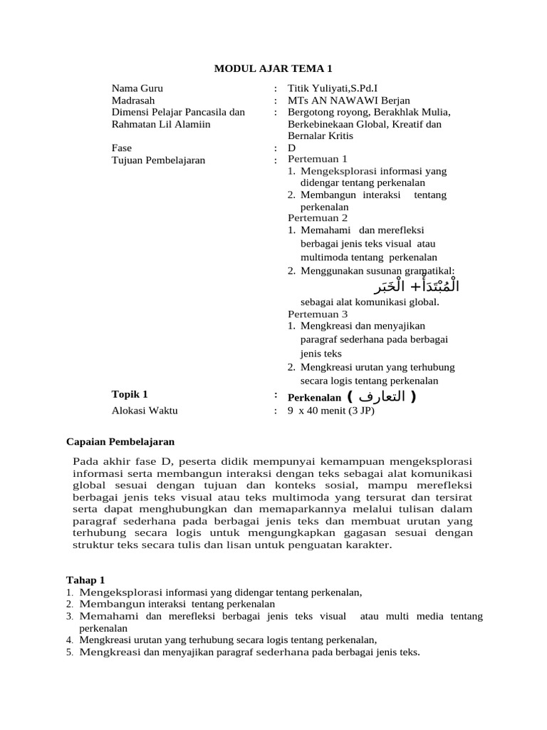 Modul Ajar Tema 1 Edit.. | PDF | Seni & Disiplin Bahasa | Kajian Bahasa ...