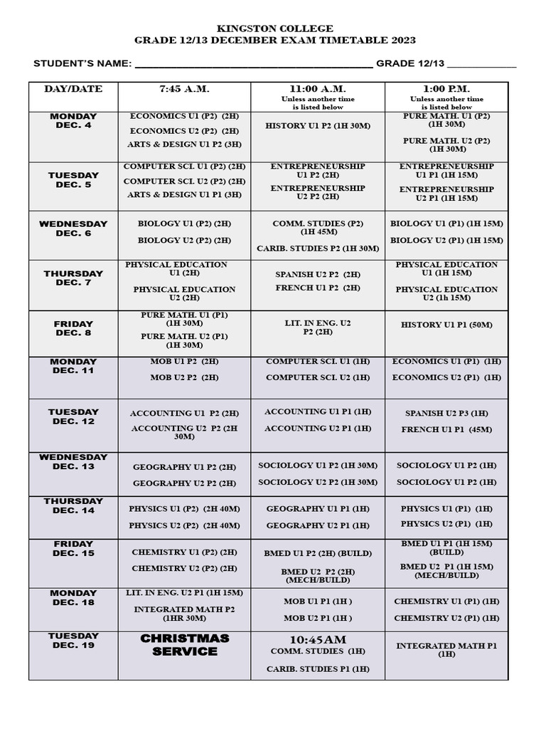 Grade 12&13 December Exam Timetable 2023 | PDF