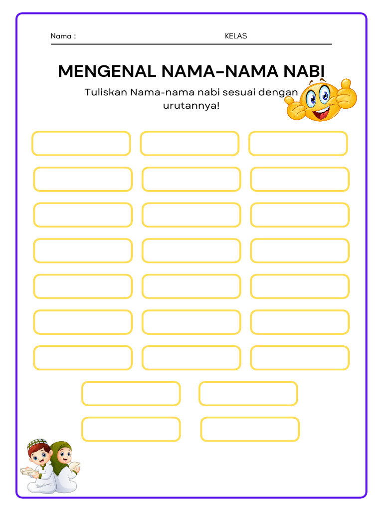 Lembar Kerja Pendidikan Agama Islam Mengenal Nama-Nama Nabi Putih ...