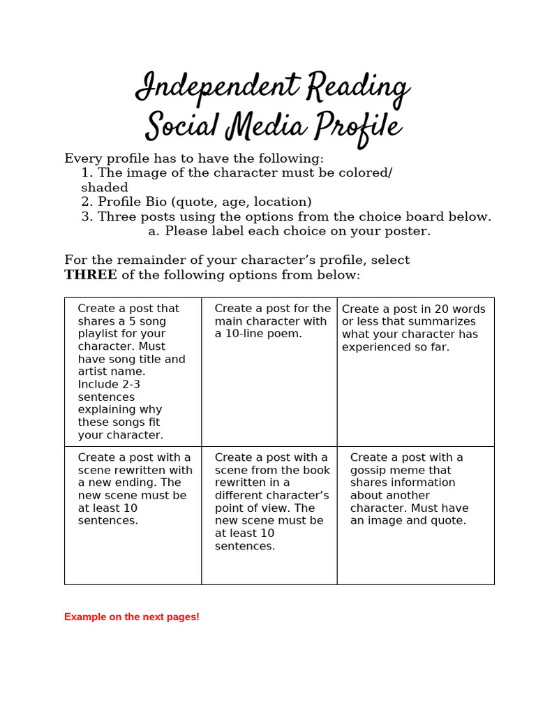 Independent Reading Social Media Profile | PDF