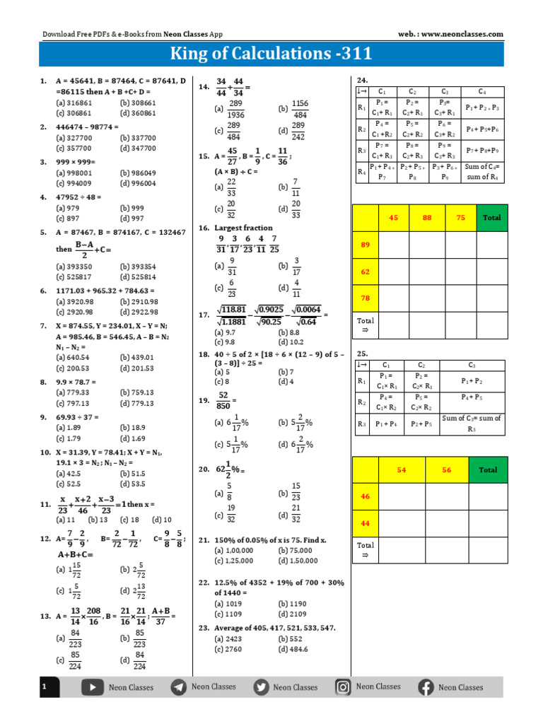 King of Calculations Sheet - 311 | PDF