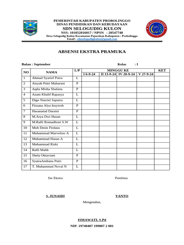 Absensi Pramuka SDN Selogudig Kulon | PDF