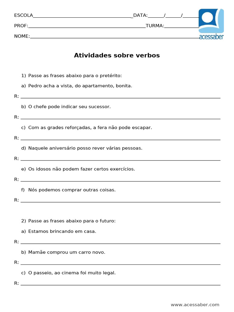Atividades de Verbos para 4º Ano | PDF