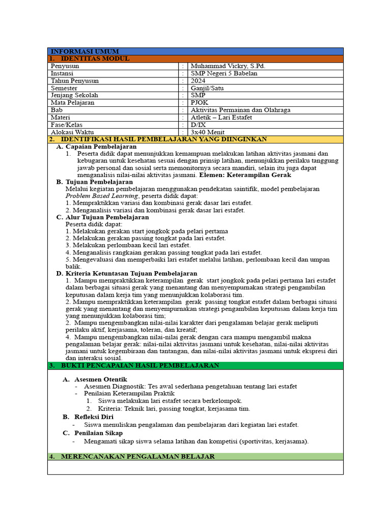 Modul Ajar Pjok SMP Fase D Backward Design Fix | PDF