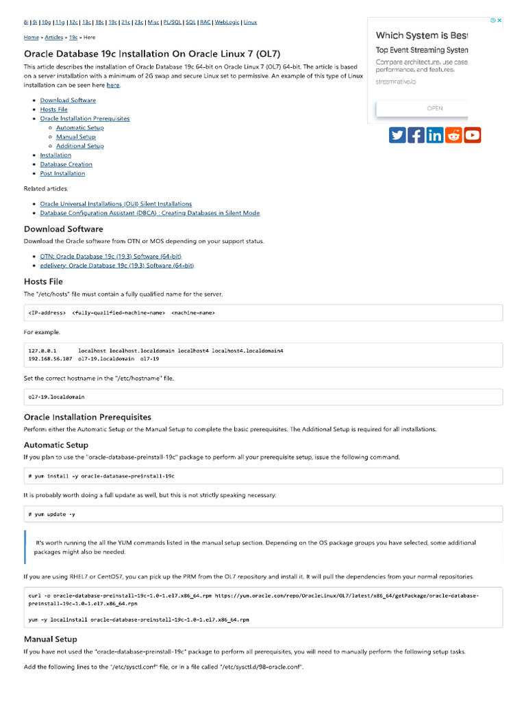 Oracle Database 19c Installation On Oracle Linux 7 (OL7) | PDF