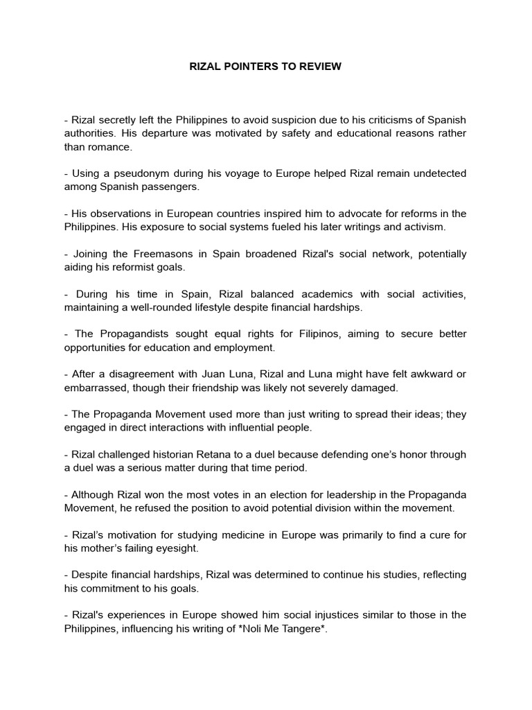 Rizal Pointers To Review | PDF | Philippines