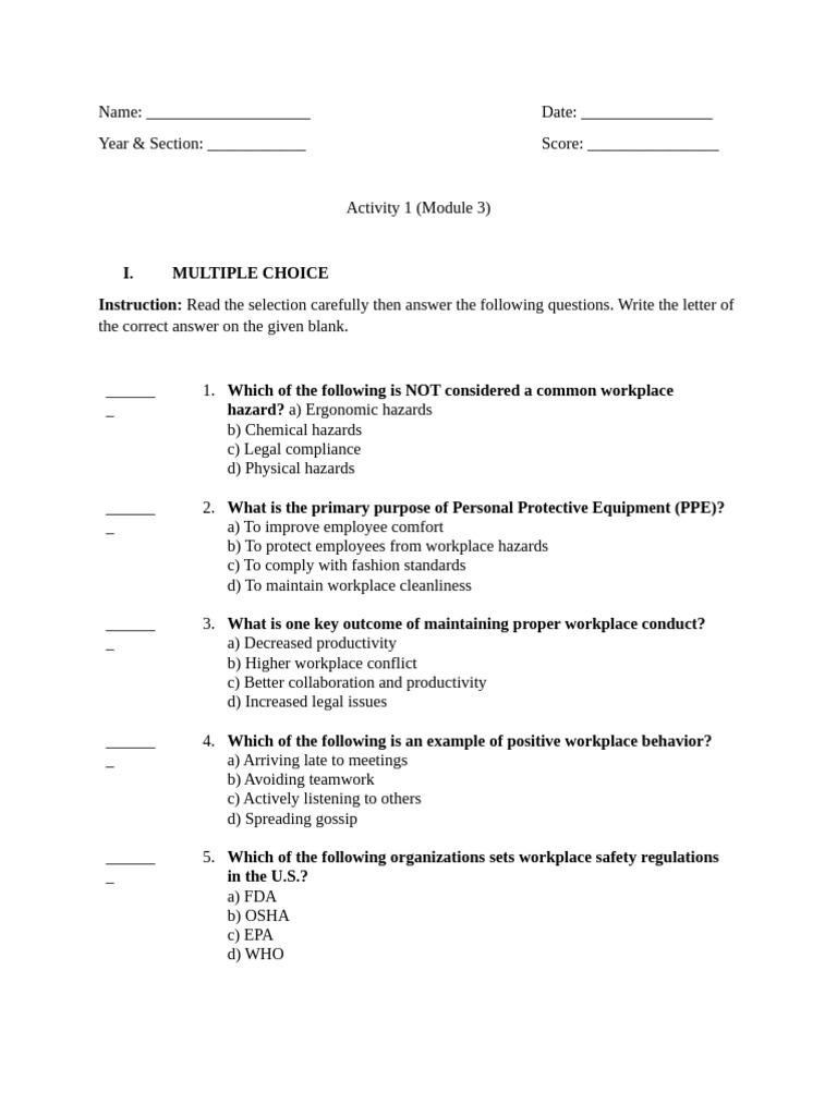 Activity 1 | PDF | Occupational Safety And Health Administration | Safety