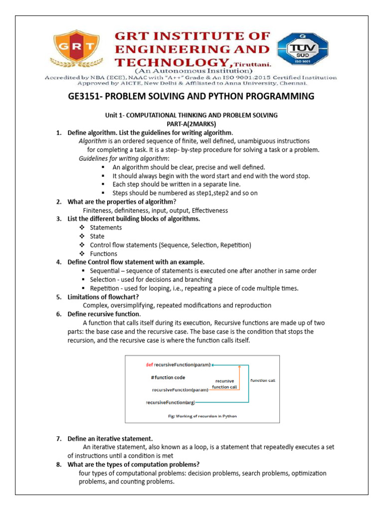 Unit1,2 2marks Answers | PDF | Algorithms | Recursion