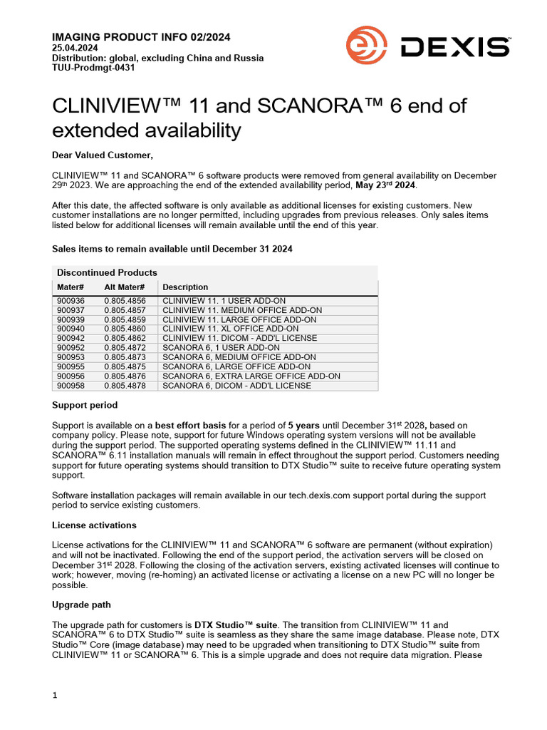 2024-02 CLINIVIEW 11 and SCANORA 6 End of Extended Availability | PDF ...