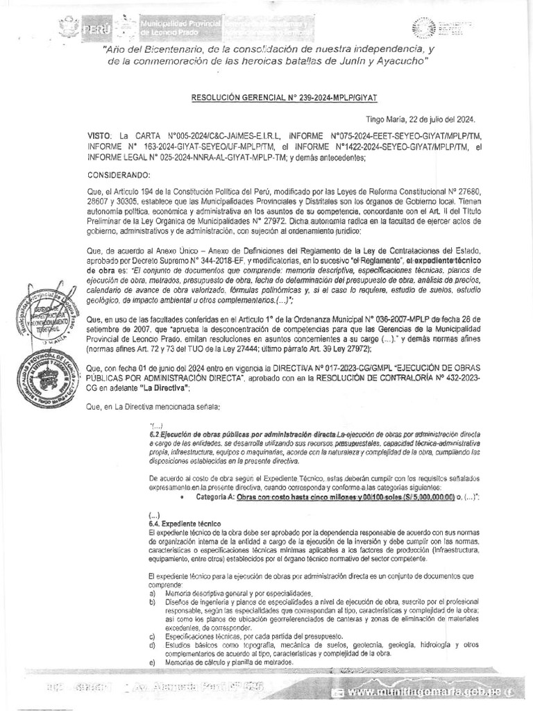 Resolución Gerencial Nº0239-2024-Mplp-Giyat | PDF