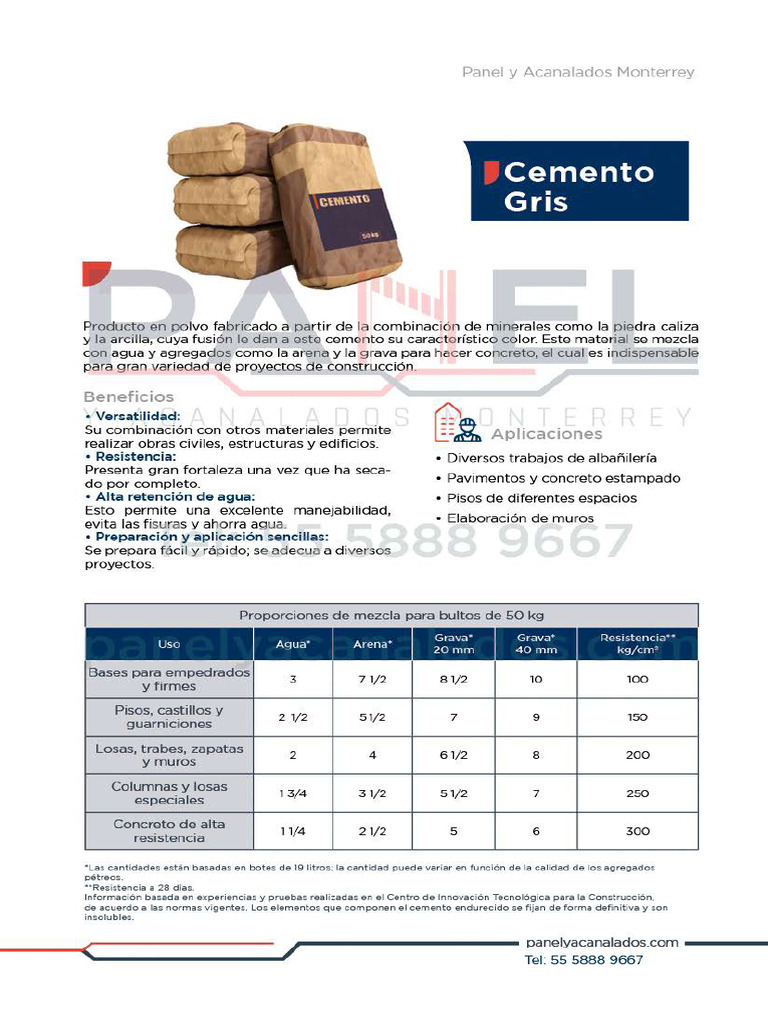 Ficha Tecnica Cemento Mortero Panel y Acanalados 1 | PDF