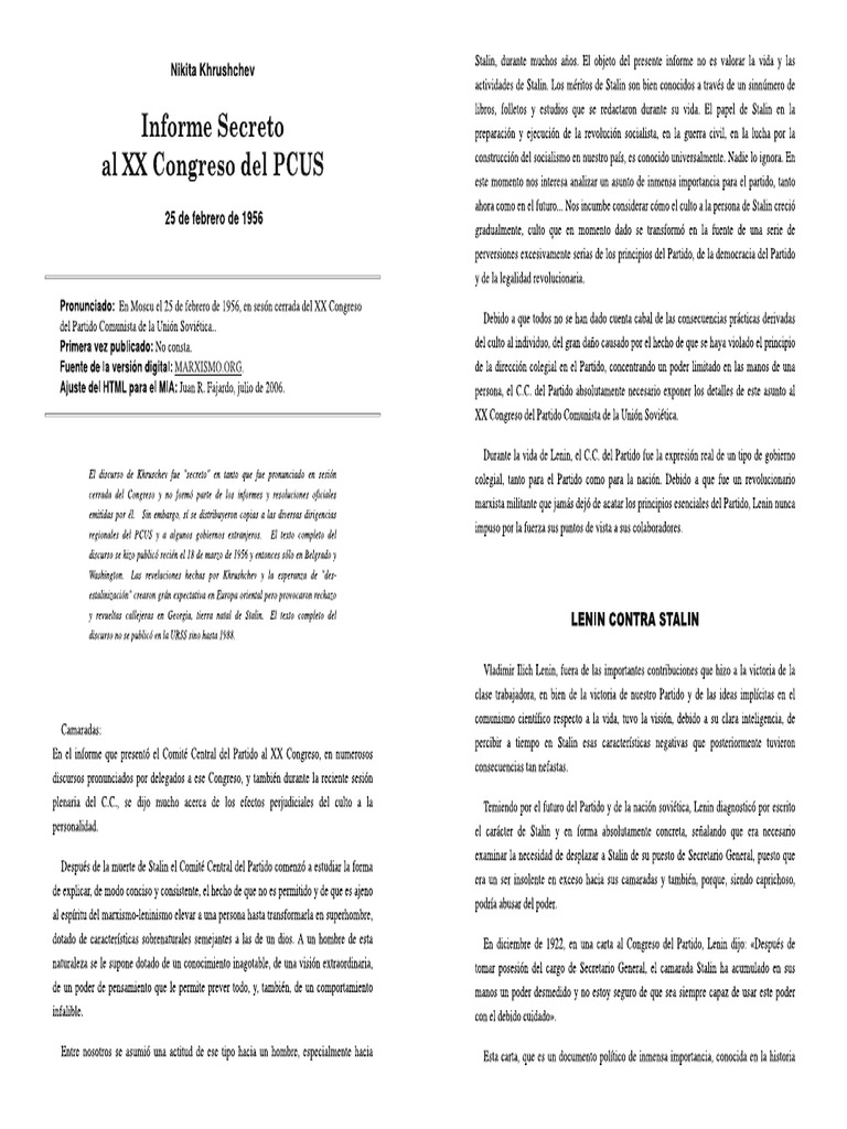 C12-Fuente - Khrushchev, 1956, Informe Secreto Al XX Congreso Del PCUS - Ed Imp 21p | PDF