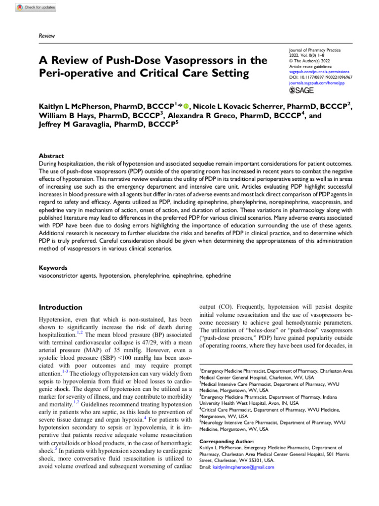 Push-Dose Vasopressors Review | PDF | Blood Pressure | Shock (Circulatory)