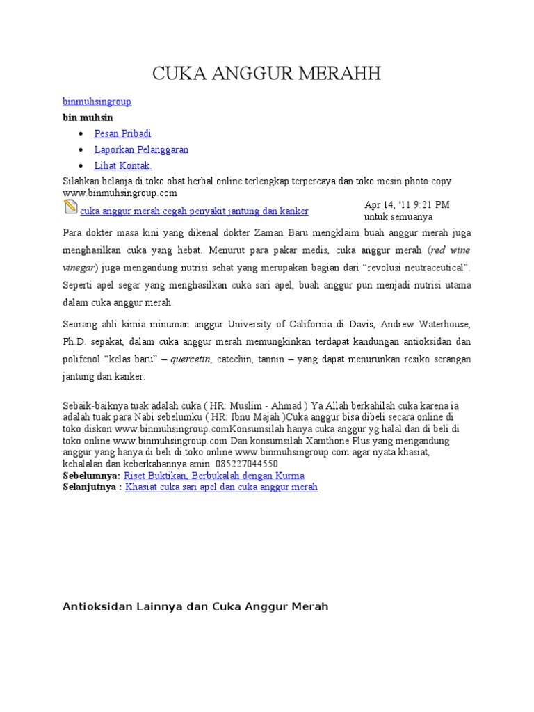 Khasiat Cuka Anggur Merah untuk Kesehatan | PDF | Kesehatan Holistik