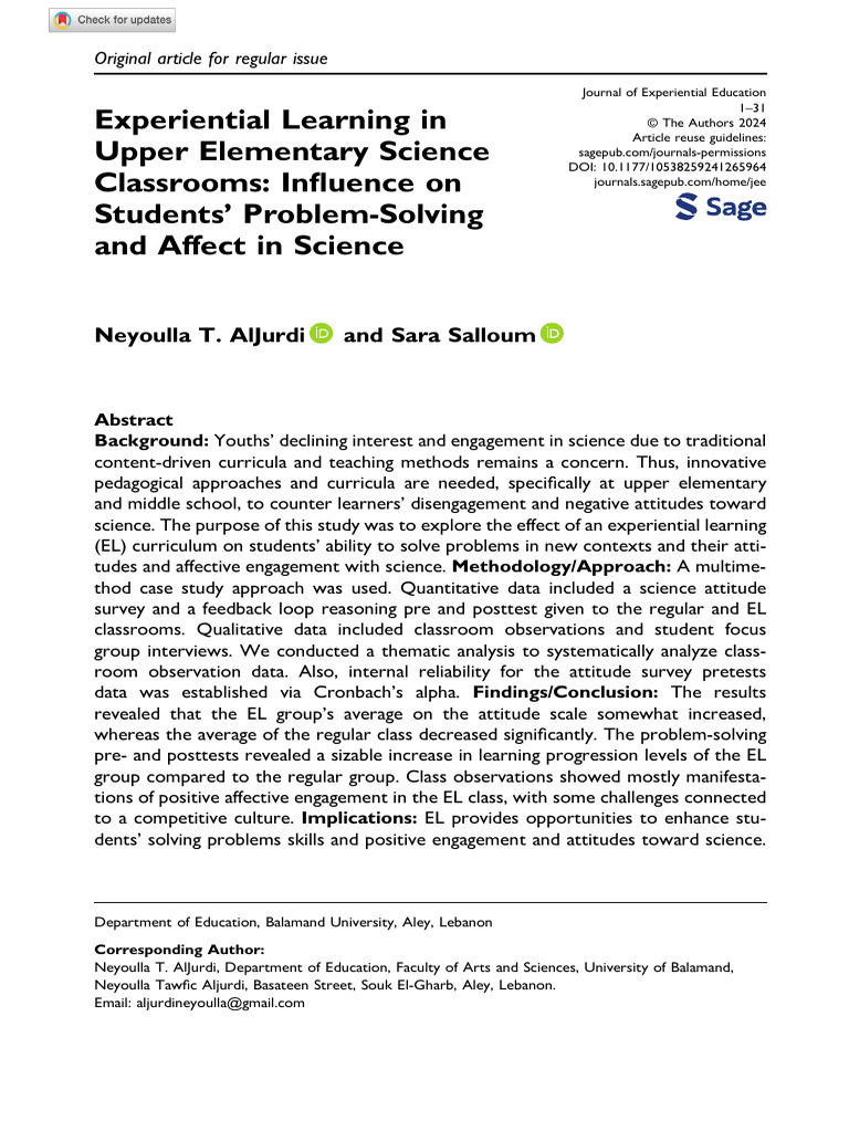 Experiential Learning in Upper Elementary Science Classrooms Influence On Students Problem ...