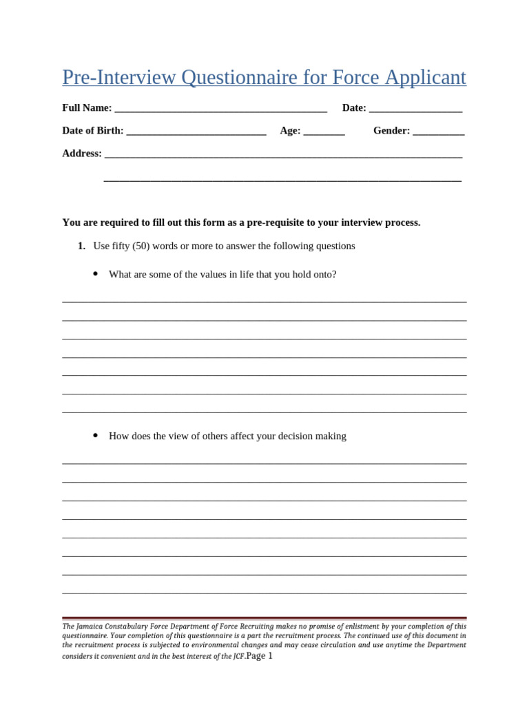 Pre Interview Questionnaire | PDF