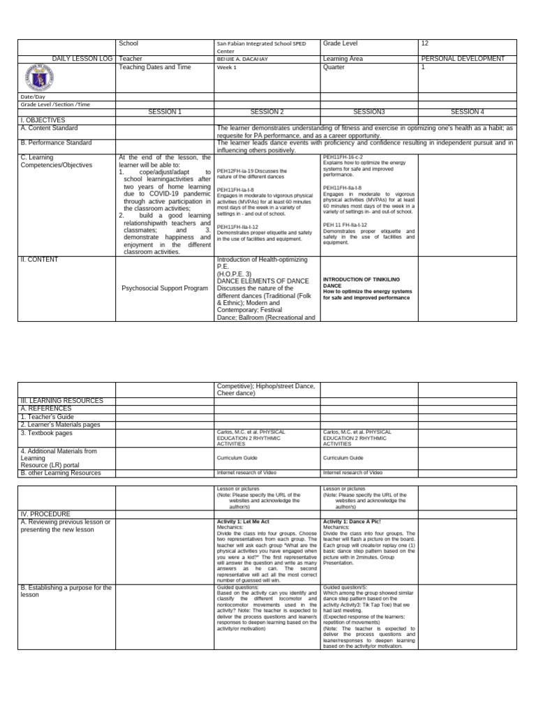 Pe 3 Quarter 1 Week 1 | PDF | Behavior Modification | Learning