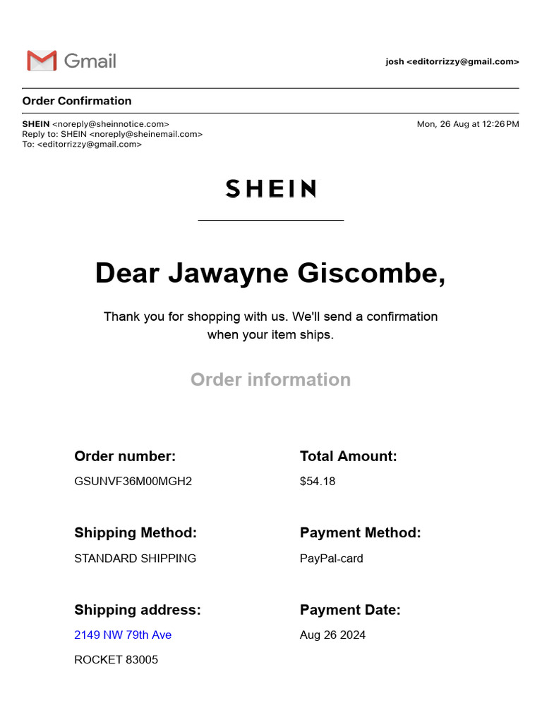 SHEIN Order Confirmation | PDF | Payments