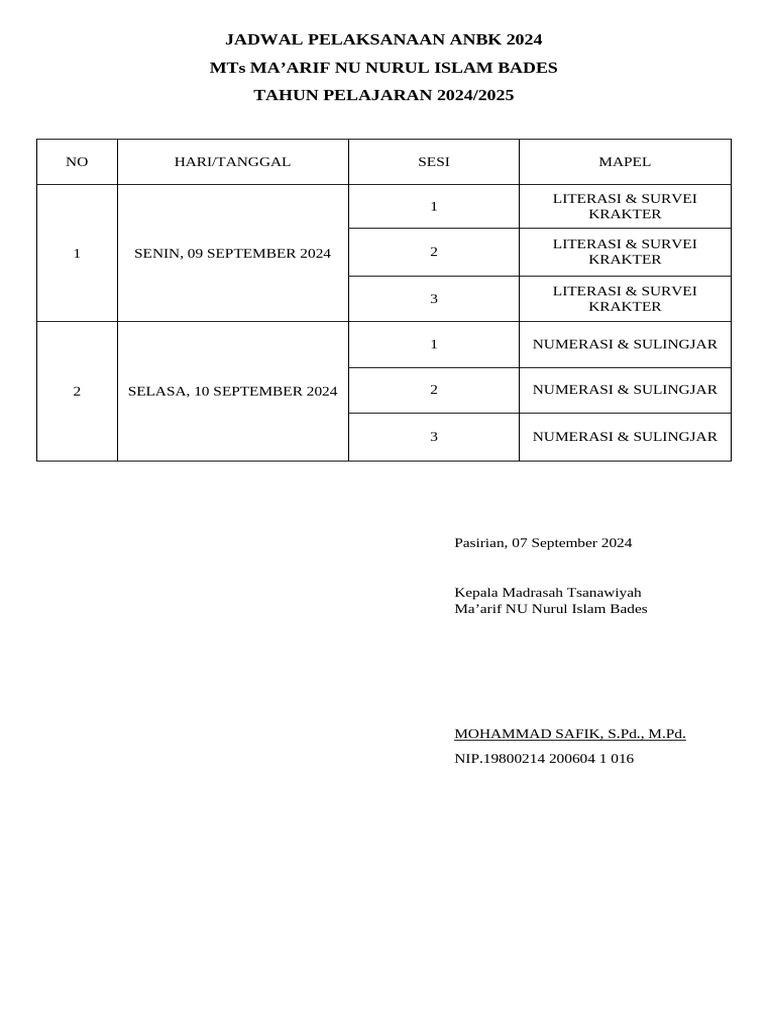 Jadwal Pelaksanaan Anbk 2024 | PDF
