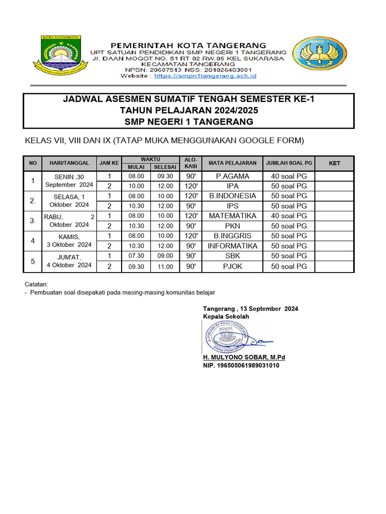 Jadwal PTS Ganjil 2024-2025 | PDF