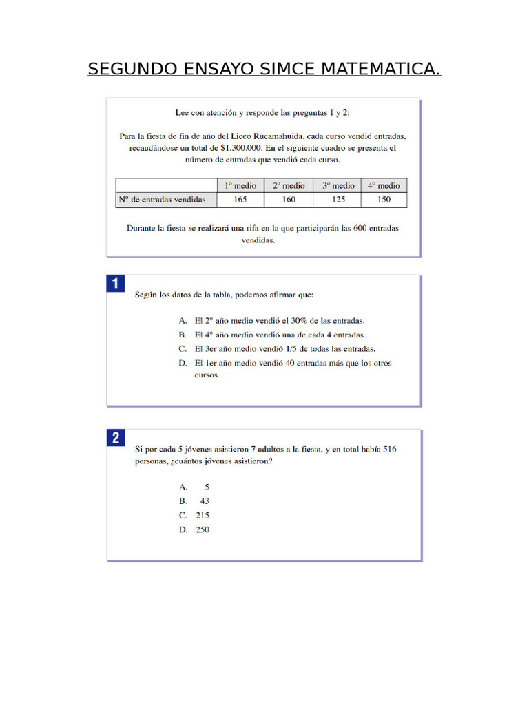 SEGUNDO ENSAYO SIMCE MATEMATICA | PDF