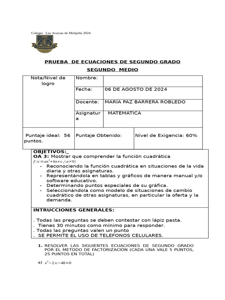 Prueba de Ecuaciones Cuadráticas 2024 | PDF | Programa de computadora ...