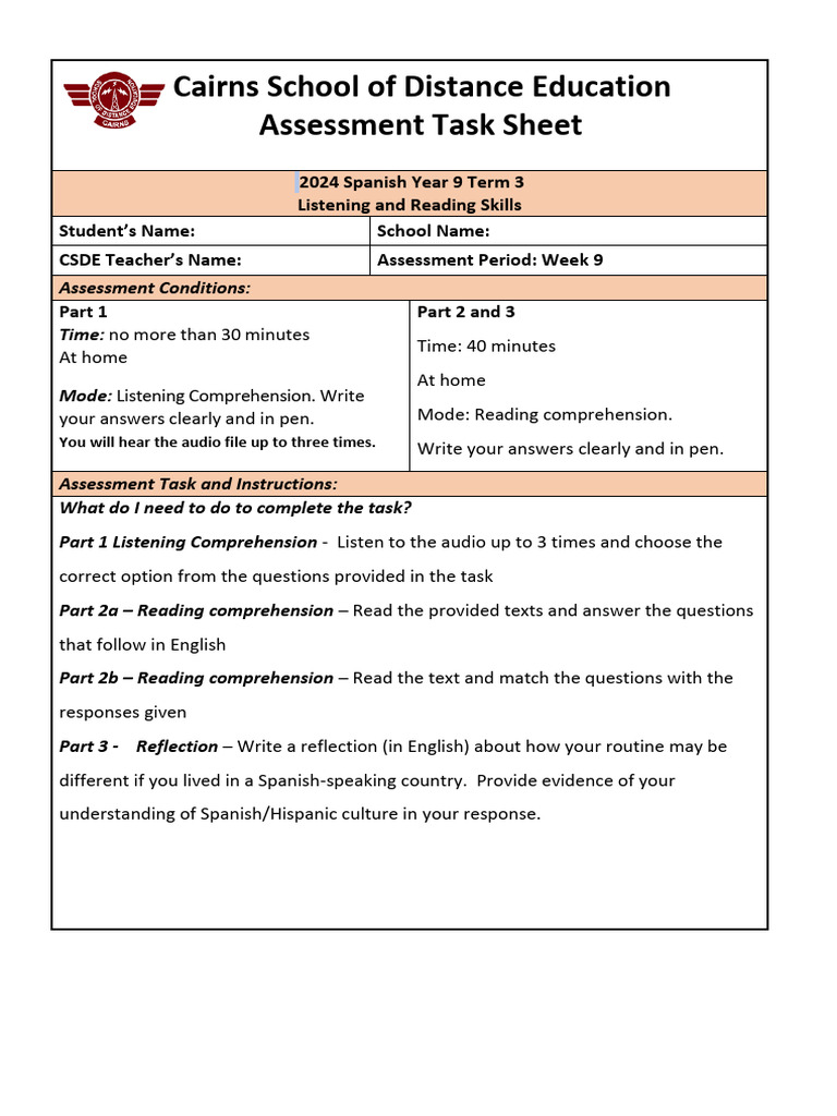 2024 Yr 9 Spanish Unit 3 Assessment | PDF | Reading Comprehension ...