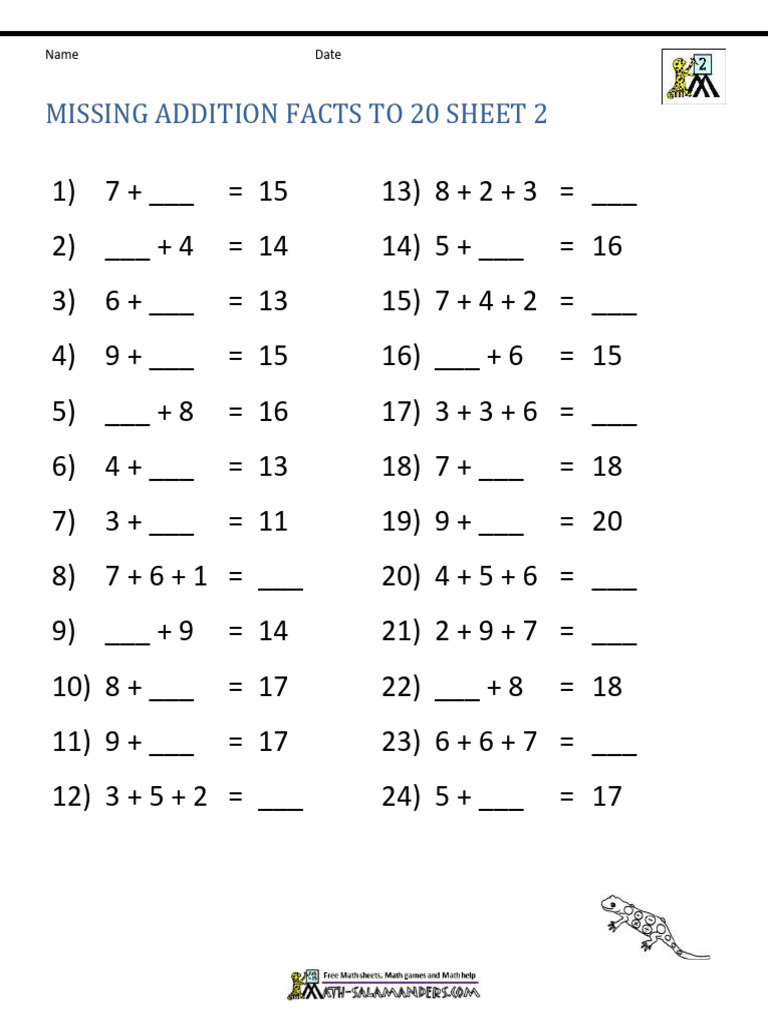 Missing Addition Facts To 20 2 | PDF