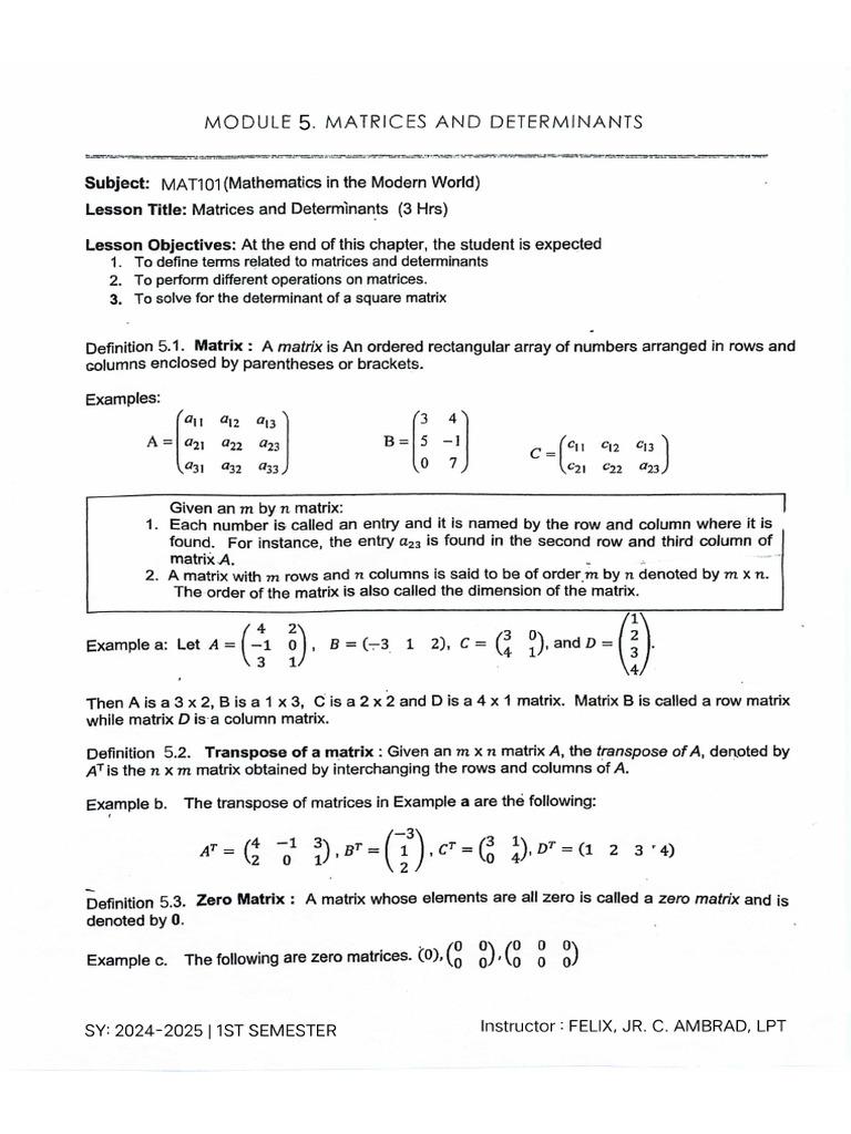 MMW Module 5 Matrices and Determinants | PDF