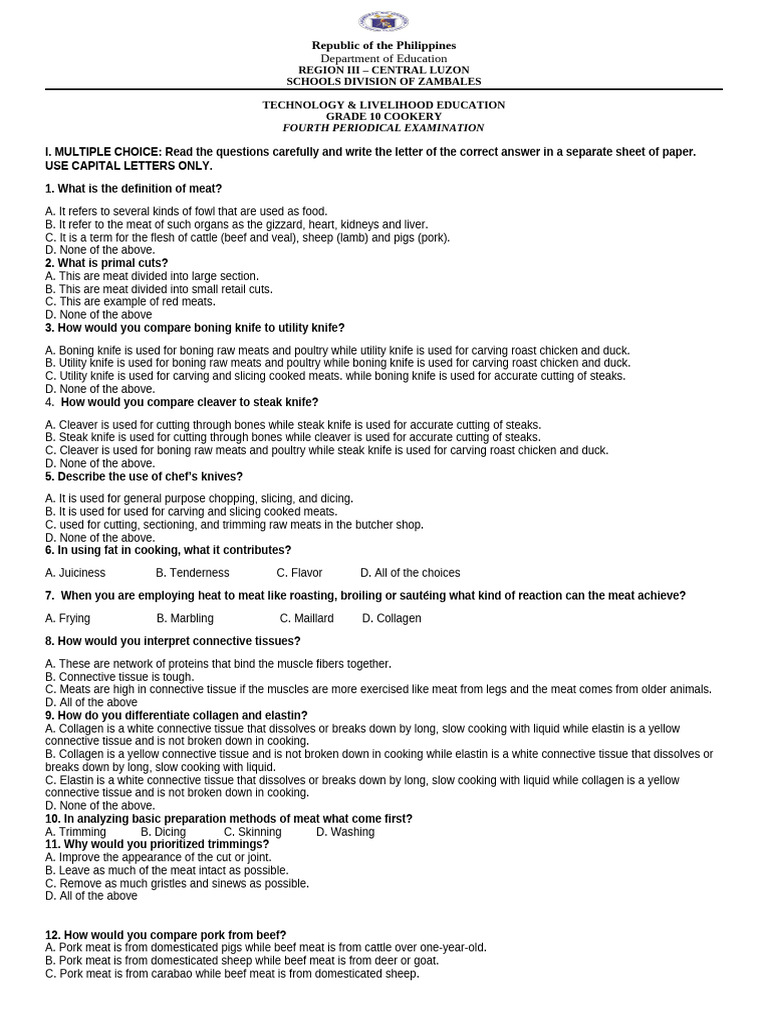 Grade 10 Cookery Exam: Meat Preparation | PDF | Curing (Food Preservation) | Steak