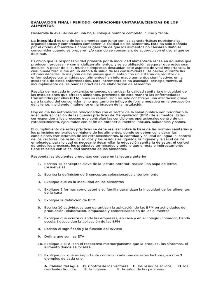 Evaluacion Final I Periodo 902 | PDF | Alimentos | Seguridad alimenticia