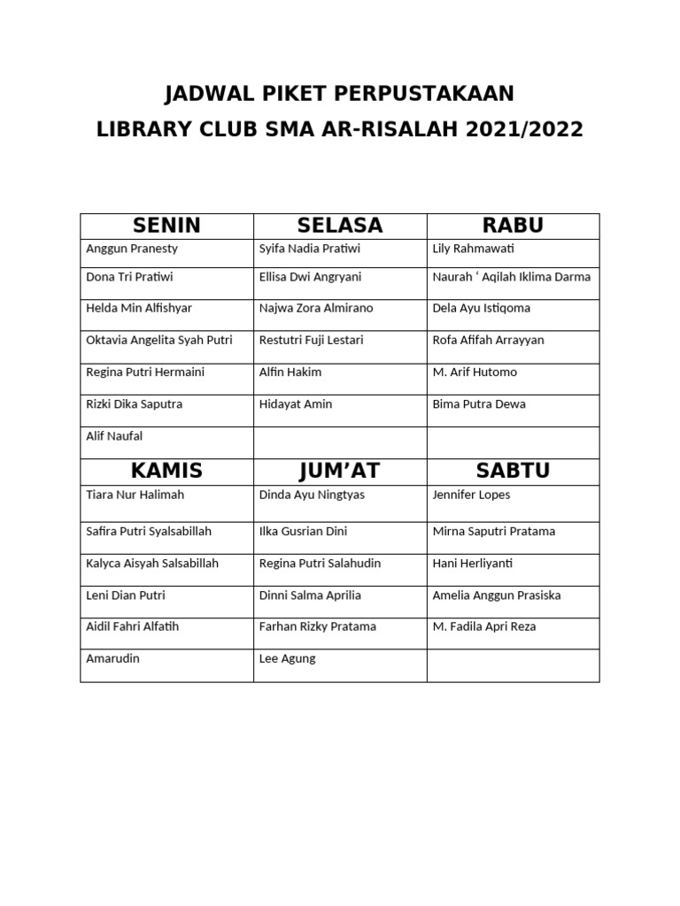 Jadwal Piket Perpustakaan 2021/2022 | PDF