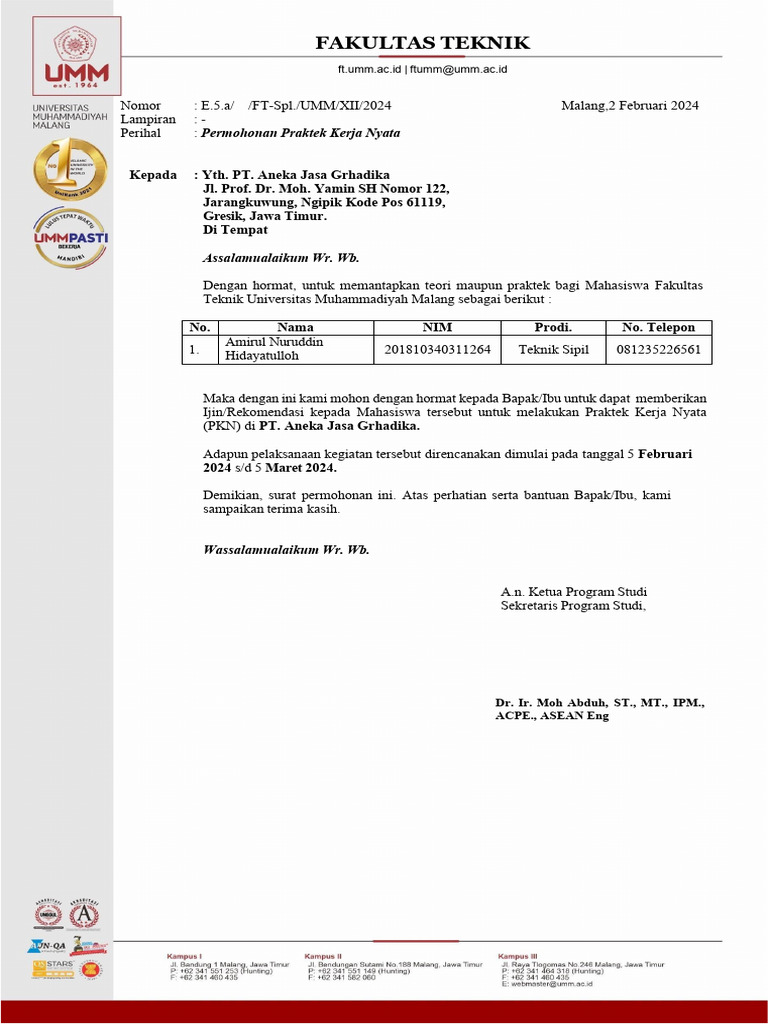 Ppermohonan Praktek Kerja Nyata PKN PT Aneka Jasa Grhadika PT Ajg | PDF Ppermohonan Praktek Kerja Nyata PKN PT Aneka Jasa Grhadika PT Ajg | PDF