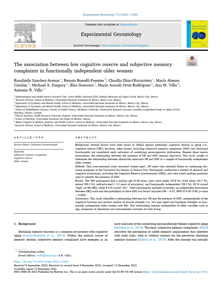 The Association Between Low Cognitive Reserve and Subjective Memory ...