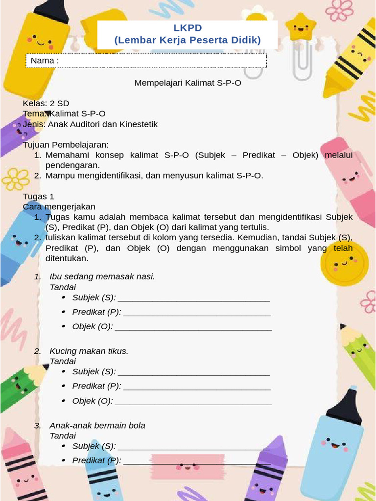 LKPD Bahasa Indonesia Kalimat SPO (Auditori & Kinestetik) | PDF ...