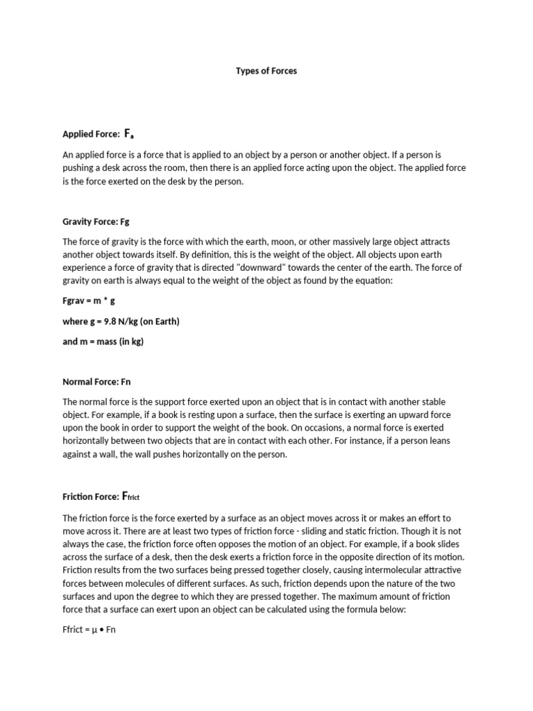 Types Of Forces Pdf Force Friction